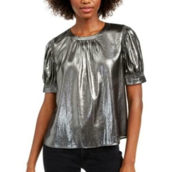 Current Air | Tops | Nwt Current Air Silver Shirred Short Sleeve Blouse ...